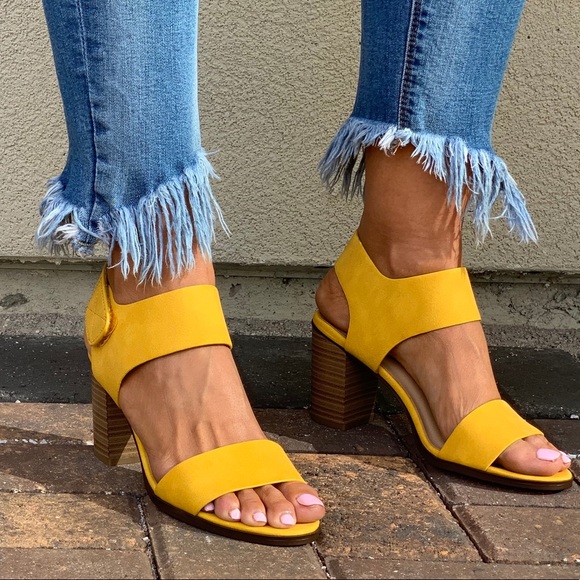 Boutique | Shoes | Nib Sunny Mustard Block Heel Casual Velcro Sandal ...